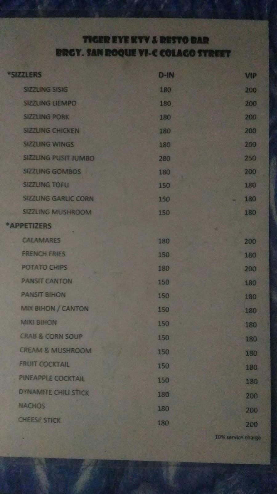 Menu at TIGER EYE KTV BAR & RESTAURANT, San Pablo City