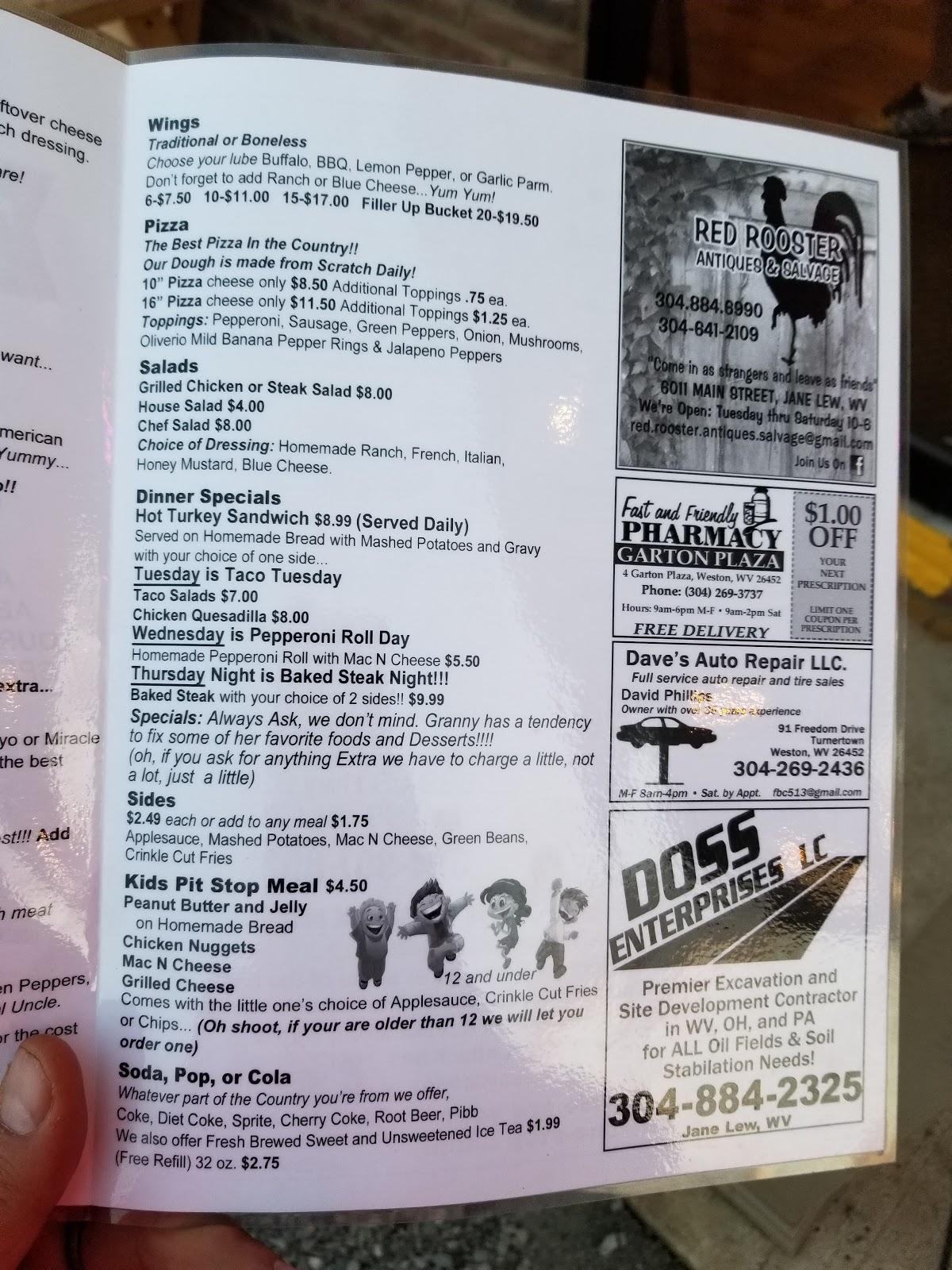 Menu at The Service Station pizzeria, Jane Lew