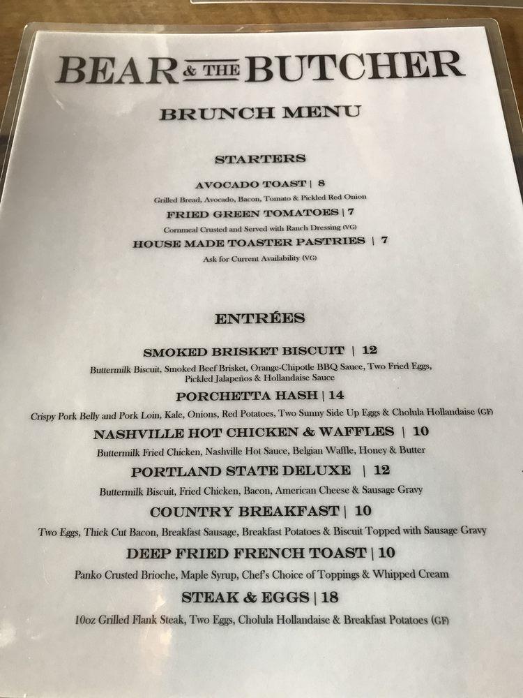 Menu at Bear & The Butcher restaurant, Lexington