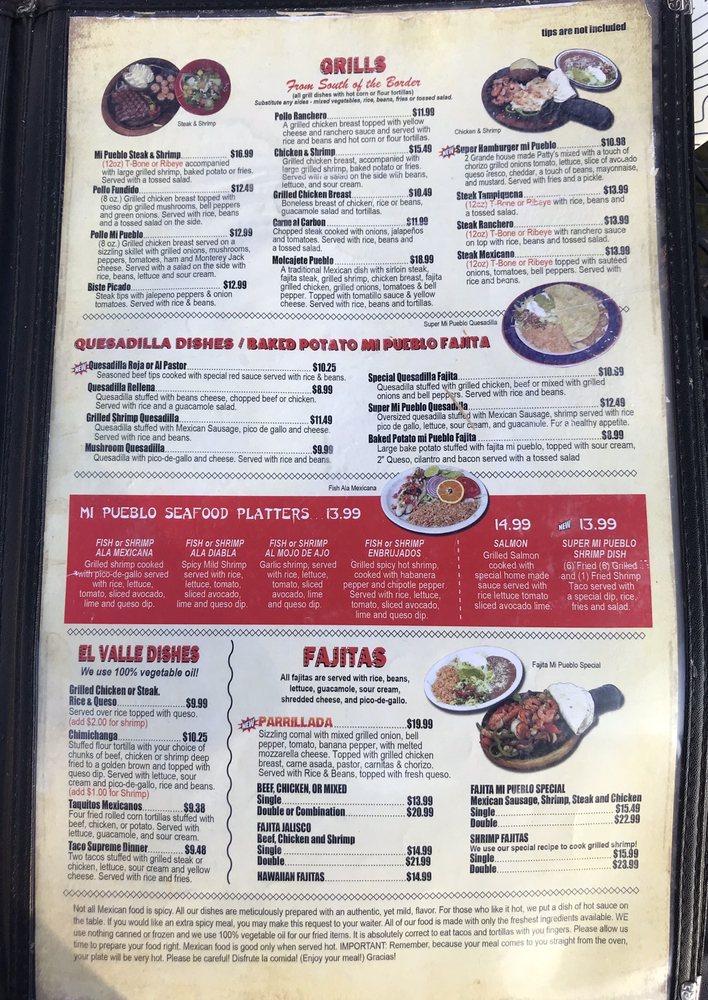 Menu at Mi Pueblo restaurant, Hernando, Mt Pleasant Rd