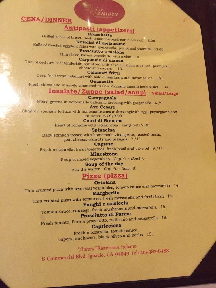 Menu at Aurora Ristorante Italiano restaurant, Novato
