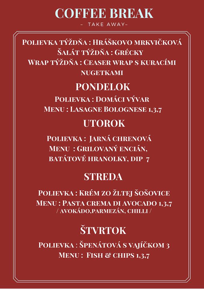 Menu at Coffee Break cafe, Bratislava