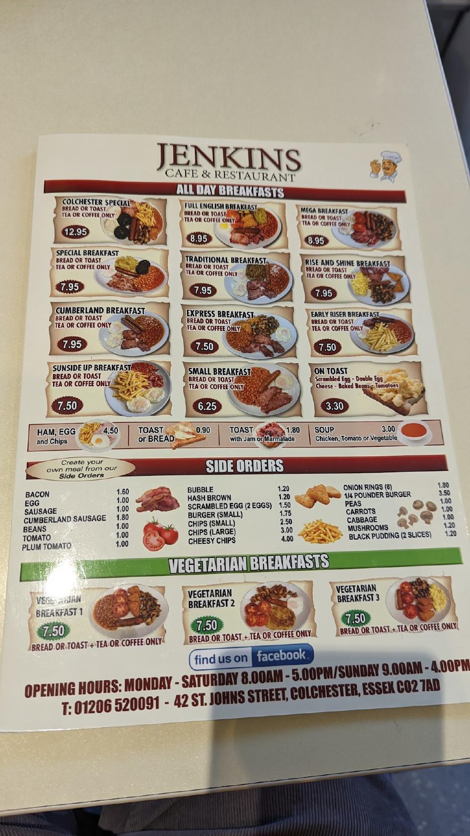 Menu at Jenkins Cafe, Colchester