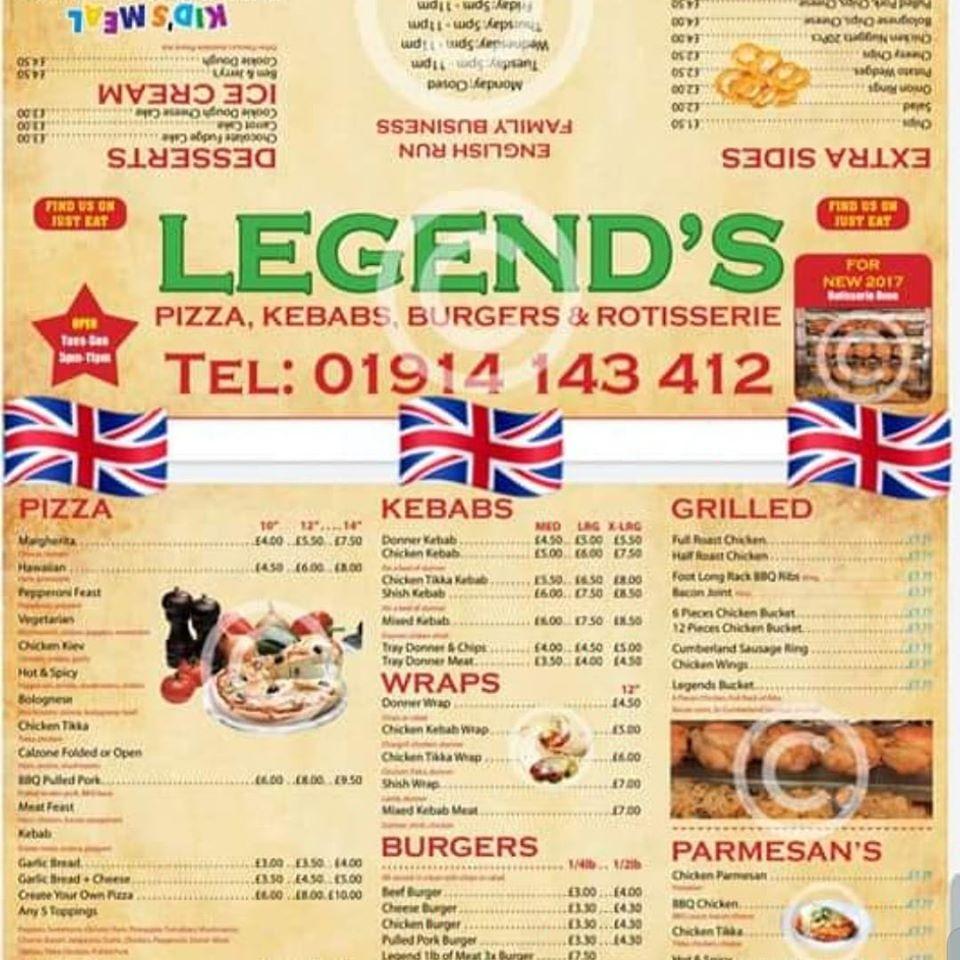 Menu at Legends takeout, Blaydon