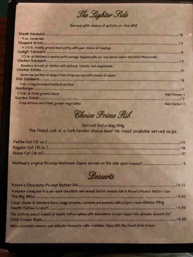 Menu at Mathew's Supper Club, Clintonville