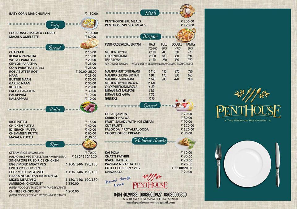 Menu at Penthouse, Kochi, S.A. Road