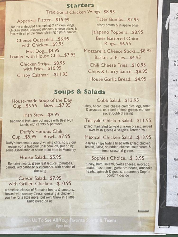 Menu at Duffy's Tavern & Family Restaurant, Monterey