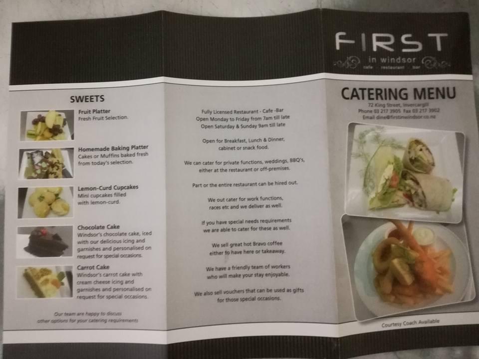 Menu at First In Windsor cafe, Invercargill