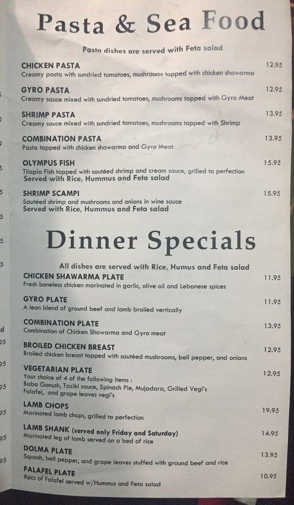 Menu at Olympus restaurant, New Iberia