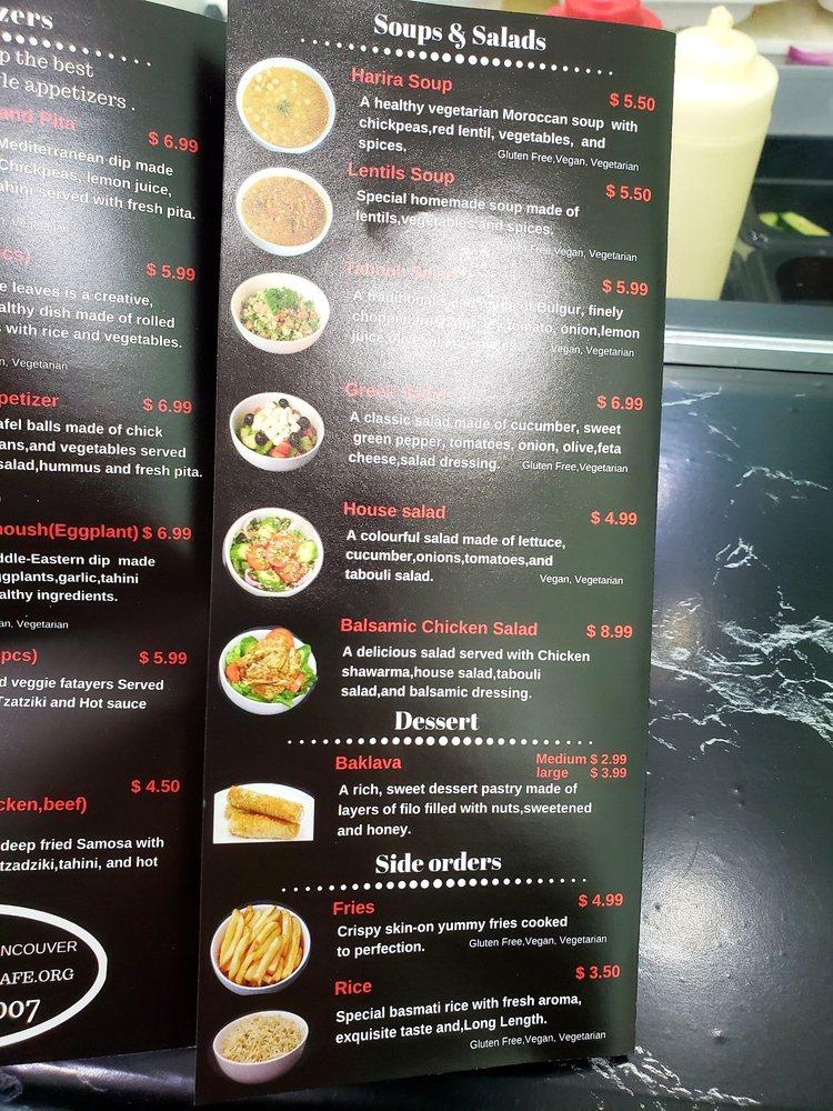 Menu at Shawarma Cafe, Vancouver