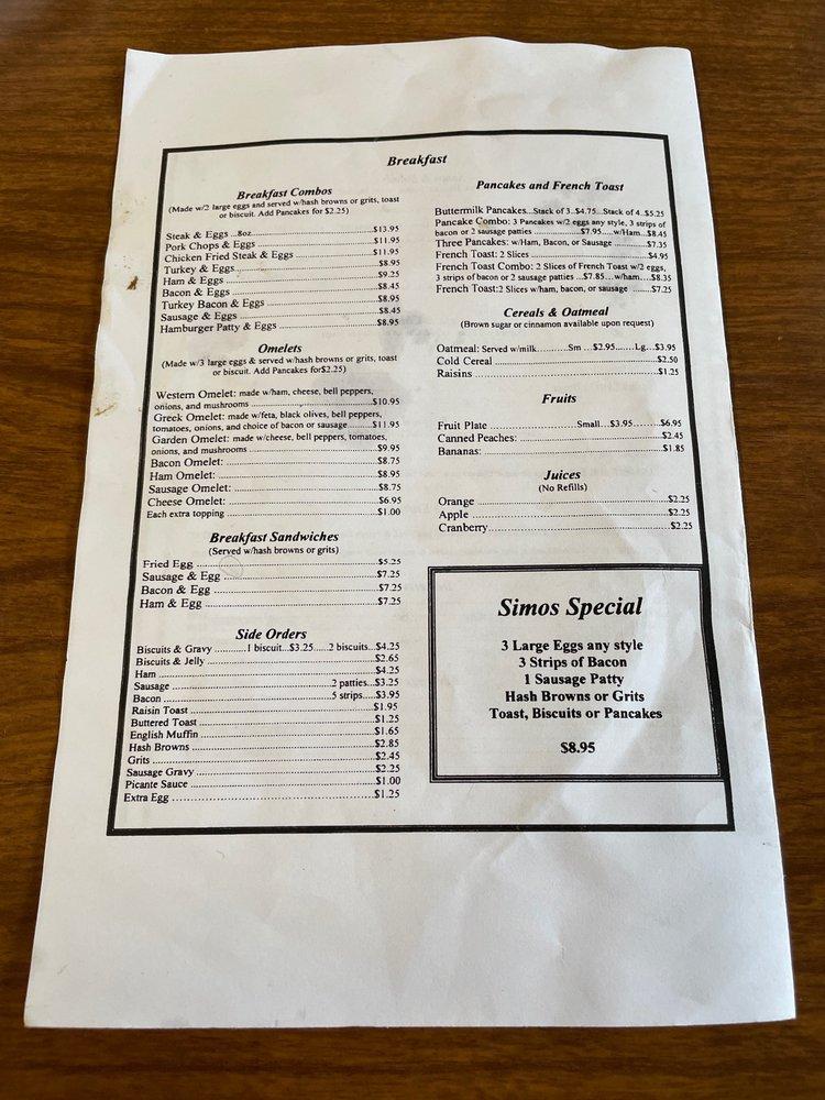 Menu at Simos Diner restaurant, Houston