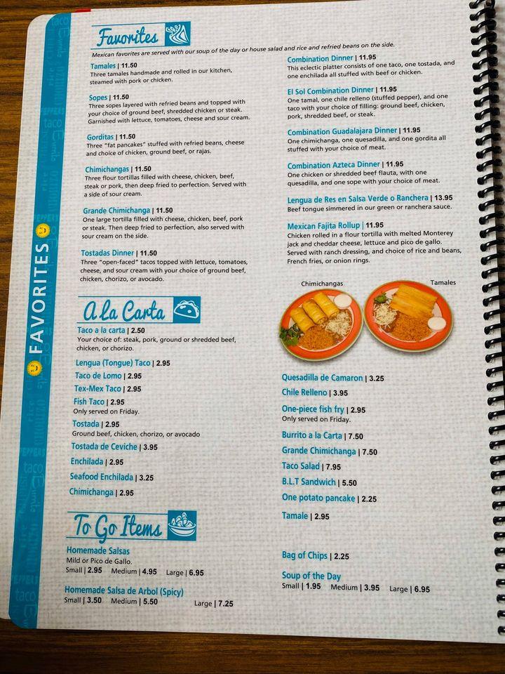 Menu at Sol De Mexico restaurant, Mukwonago