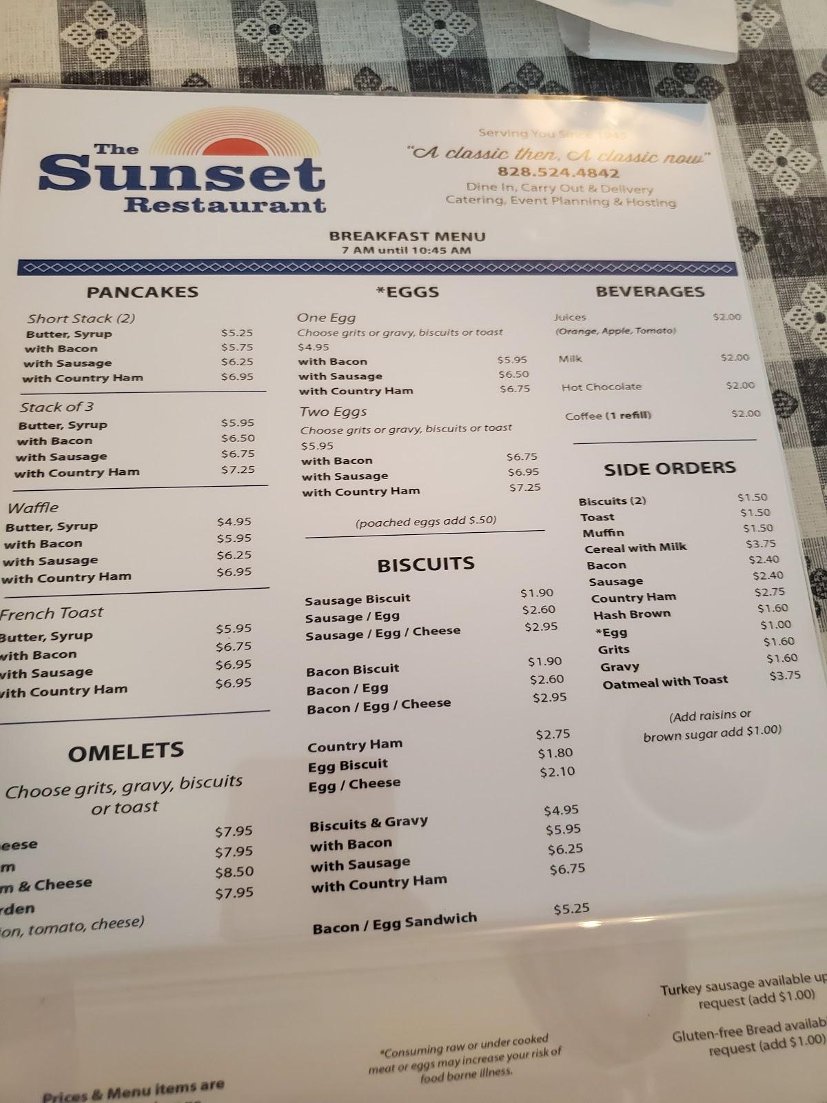 Menu at Sunset Restaurant, Franklin