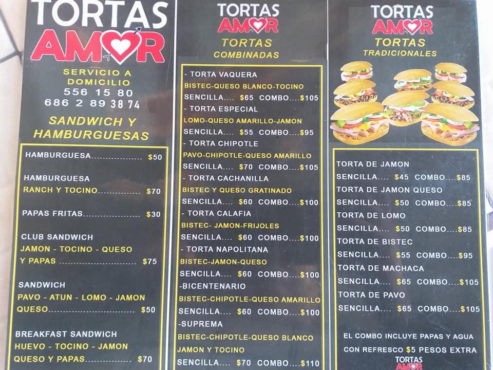 Menu at Tortas Amor restaurant, Mexicali, C. Calafia