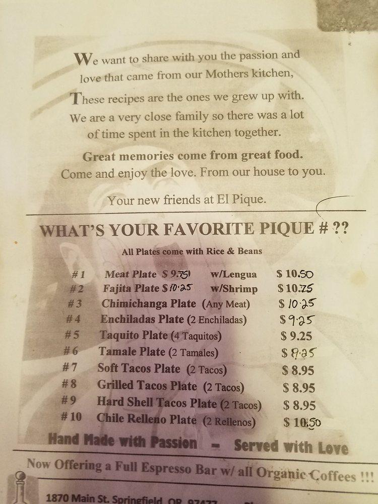 Menu at El Pique Mexican Food restaurant, Springfield, Main St