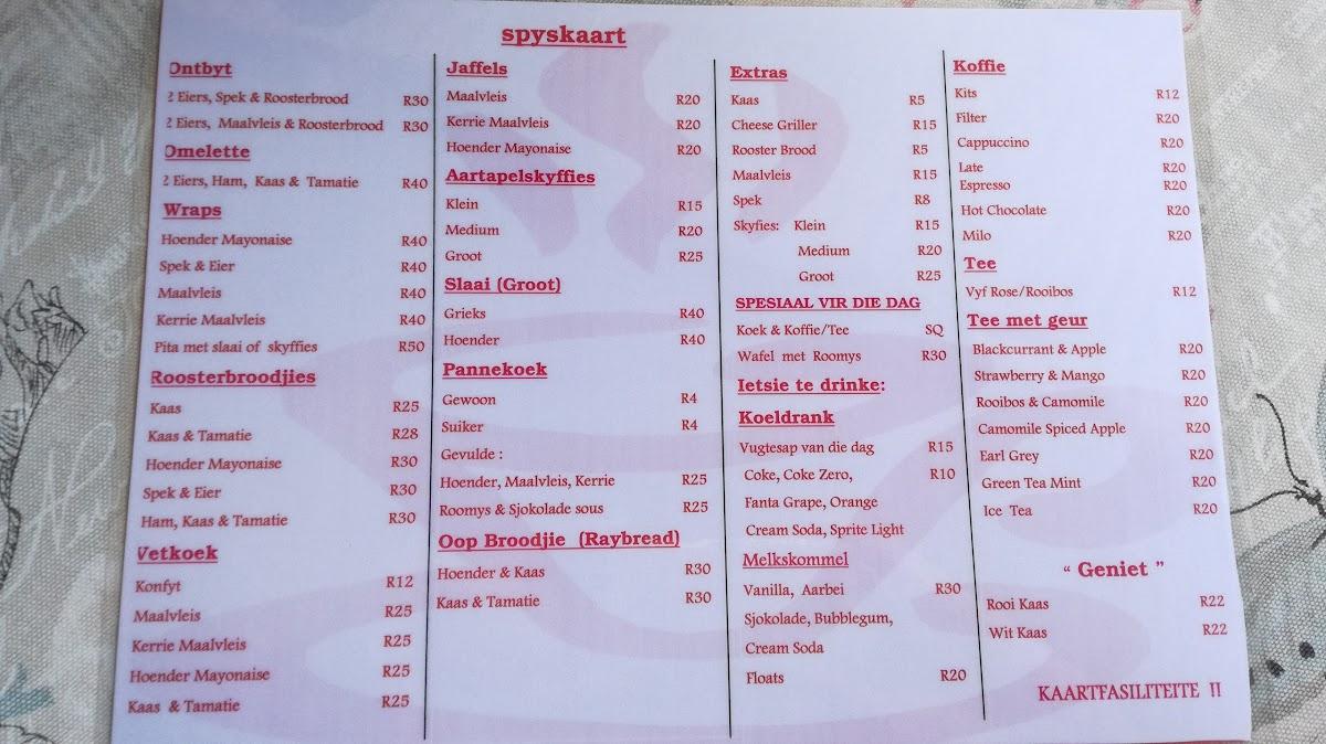 Menu at Kletskuil Teetuin restaurant, Pretoria