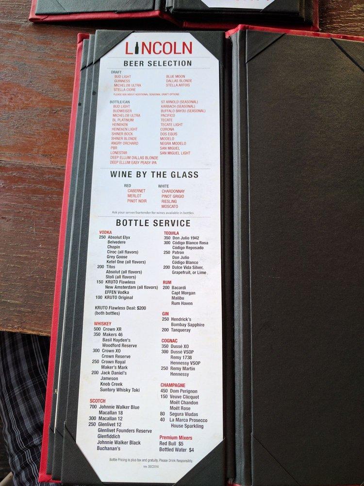 Menu at Lincoln Bar, Houston