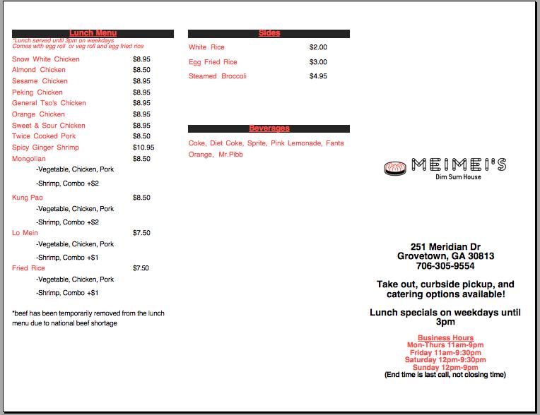 Menu at Meimei's Dim Sum House restaurant, Grovetown