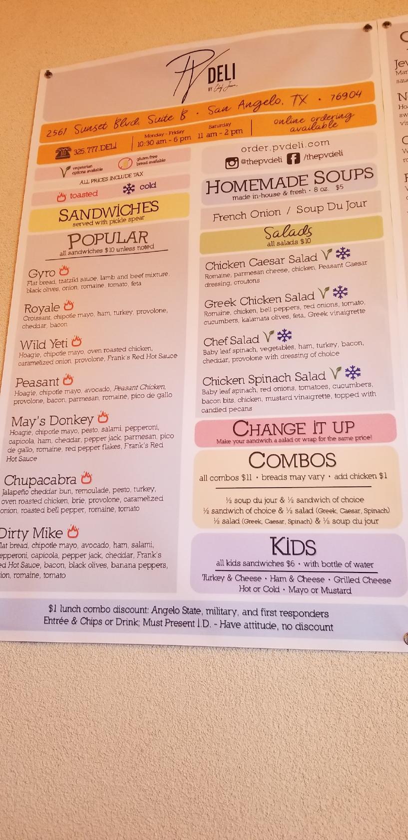 Menu at PV Deli by Chef Jason restaurant, San Angelo