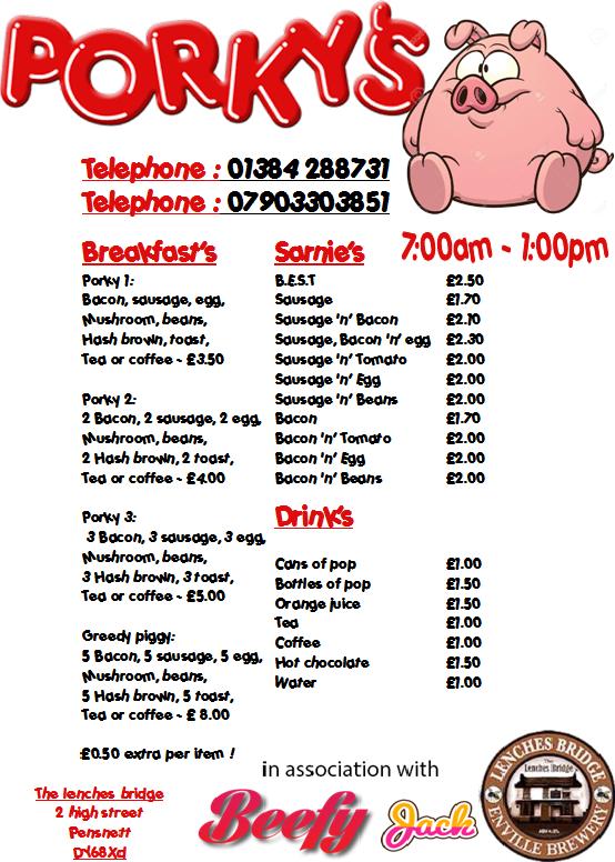 Menu at Porky's Cafe, Dudley
