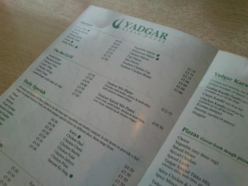 Menu at Yadgar Kebab House fast food, Glasgow