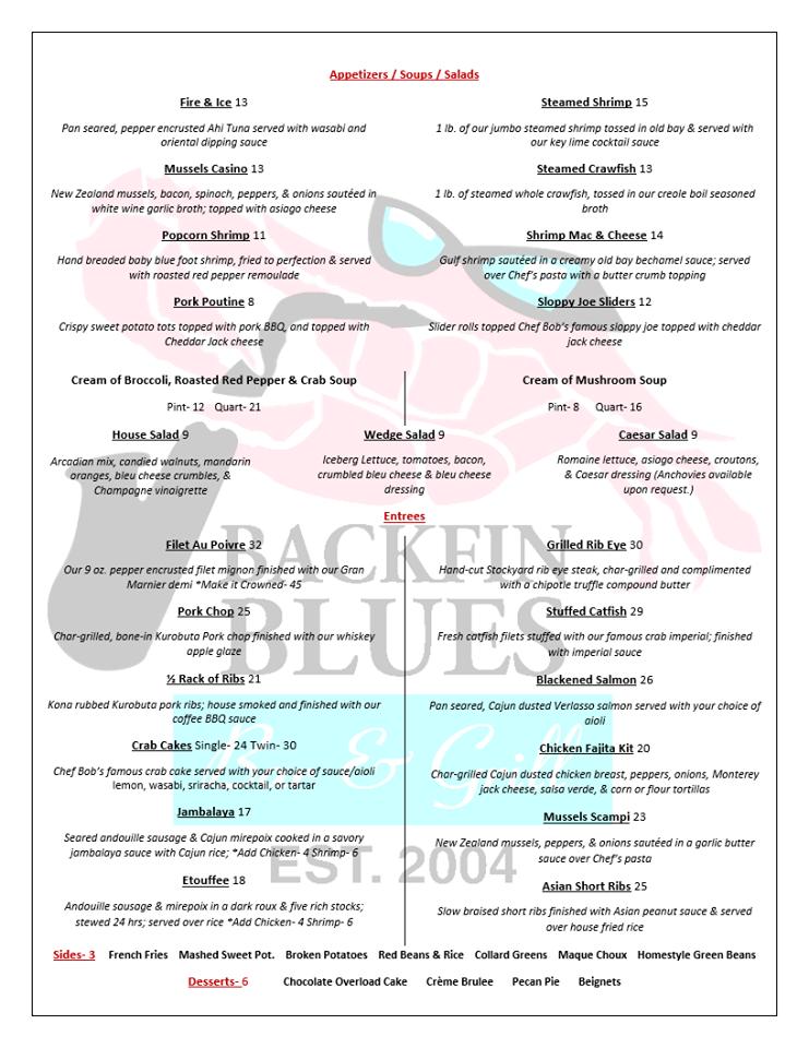 Menu at Backfin Blues Bar & Grill, Port Deposit