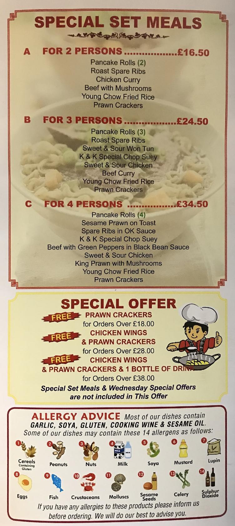 Menu at K & K Chinese Takeaway restaurant, Warmfield