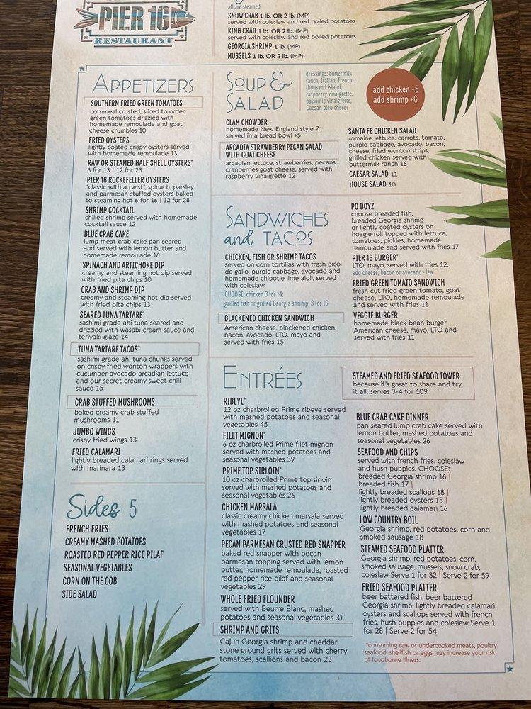 Menu at Pier 16 pub & bar, Tybee Island