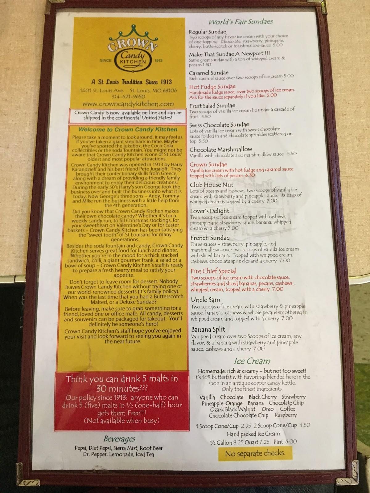 Menu at Crown Candy Kitchen restaurant, St. Louis