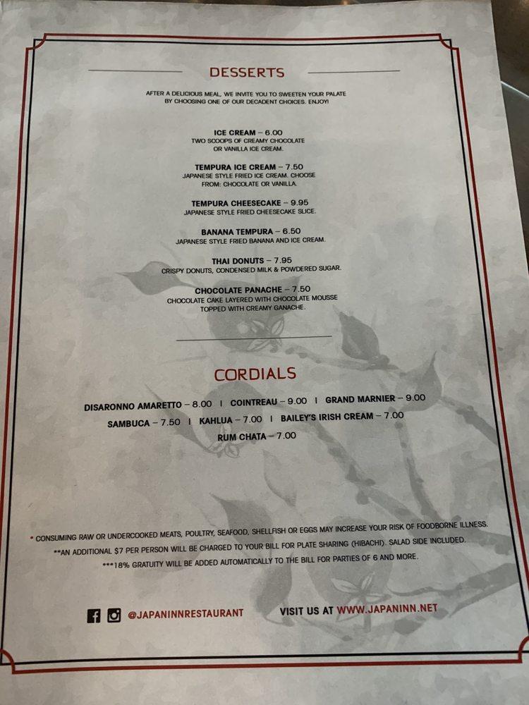 Menu at Japan Inn restaurant, Miami