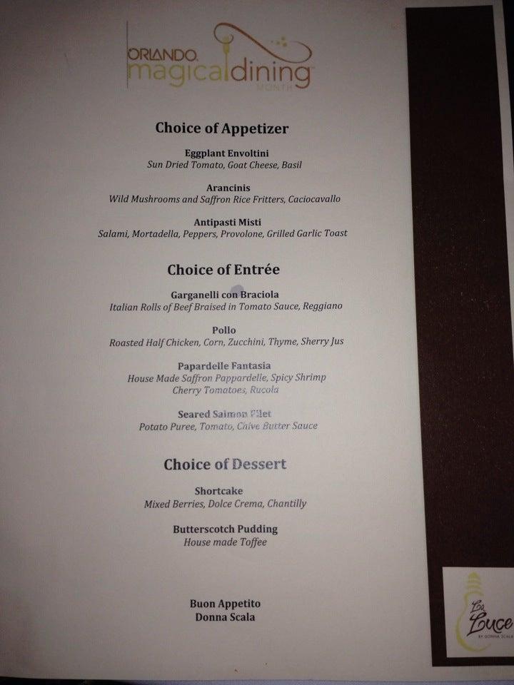 Menu at La Luce restaurant, Orlando