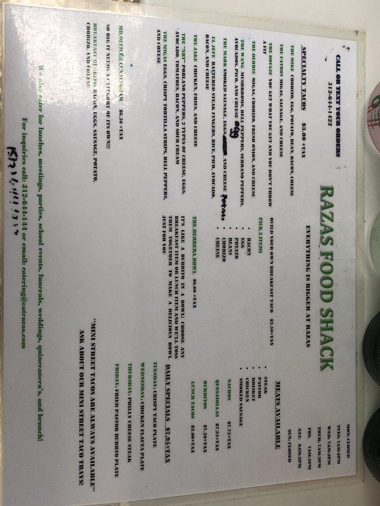 Menu at Razas Food Shack restaurant, Dripping Springs