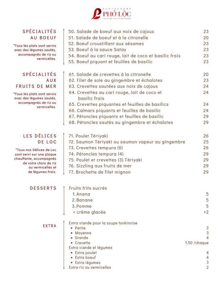 Menu au Restaurant Pho Loc, Sherbrooke