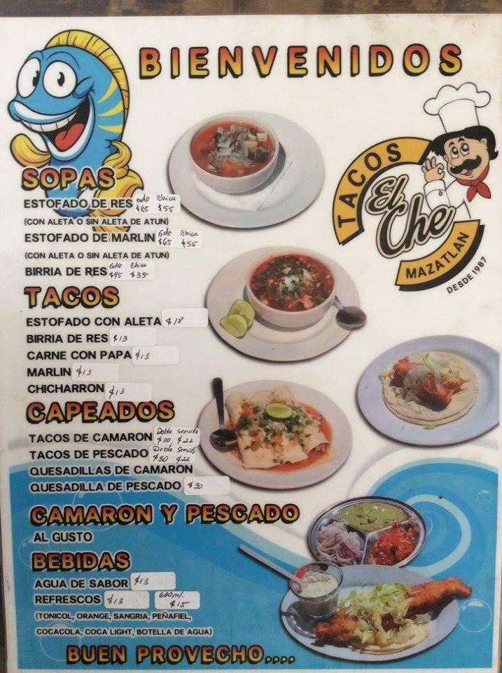 Menu at Tacos Capeados El Che restaurant, Mazatlán