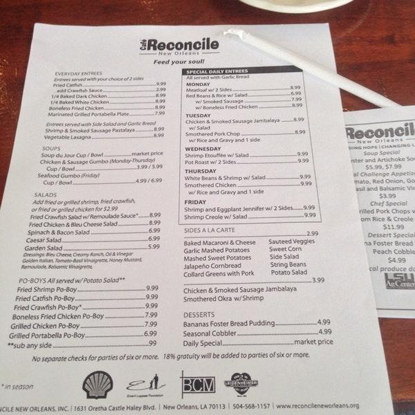 Menu at Café Reconcile restaurant, New Orleans, Oretha Castle Haley Blvd