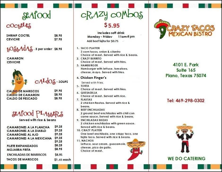 Menu at Crazy Tacos restaurant, Plano