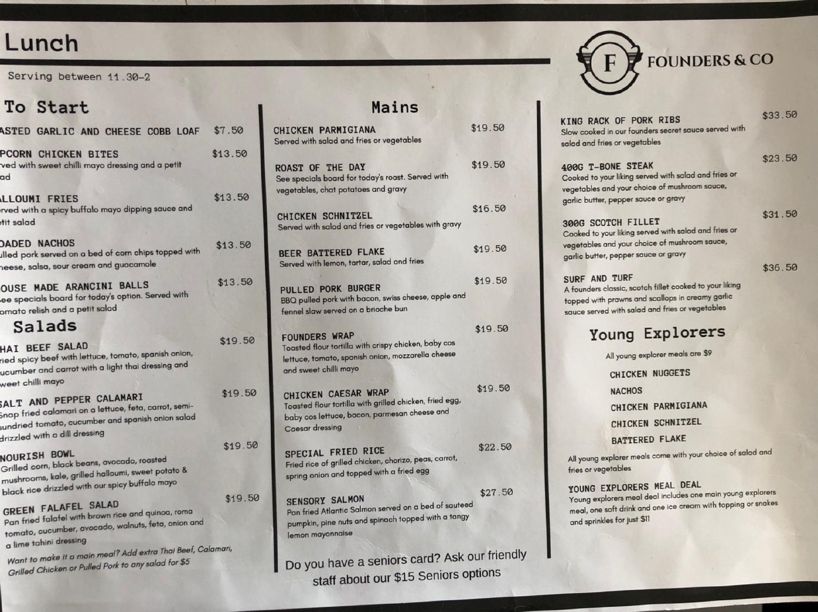 Menu at Founders & Co restaurant, Lara