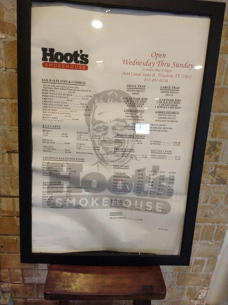Menu at Hoot's Smokehouse BBQ, Houston