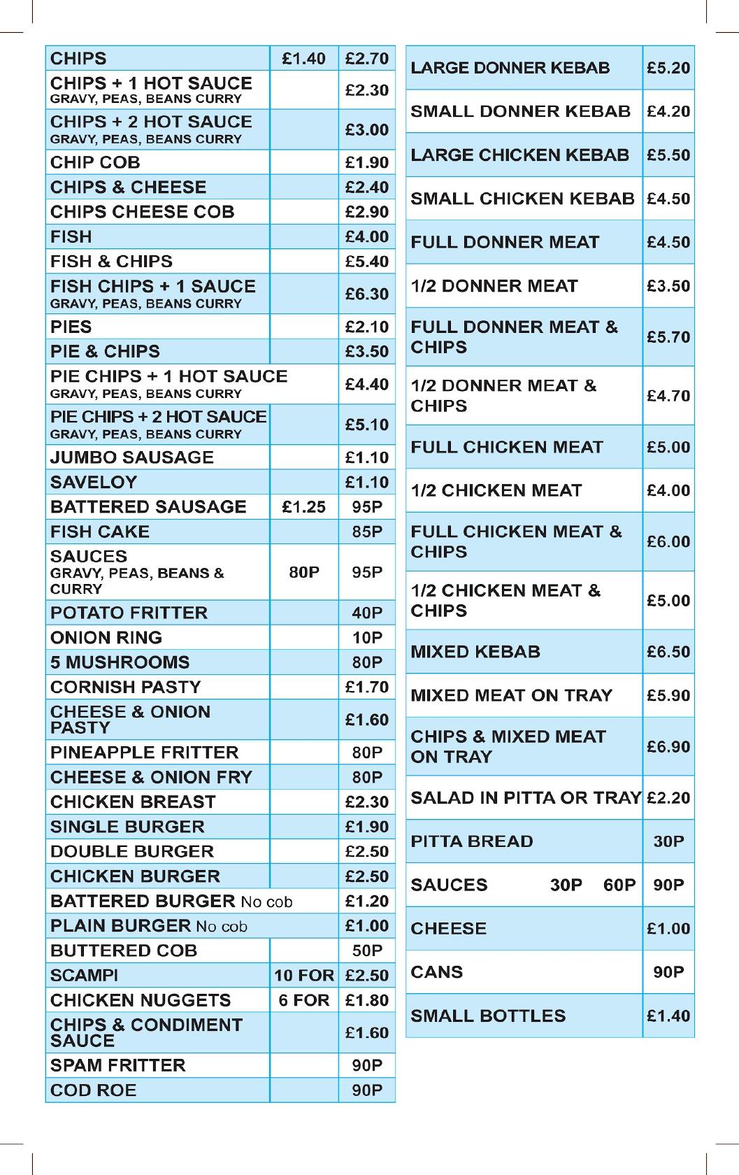 Menu at Johnny's Fish Bar, Ilkeston