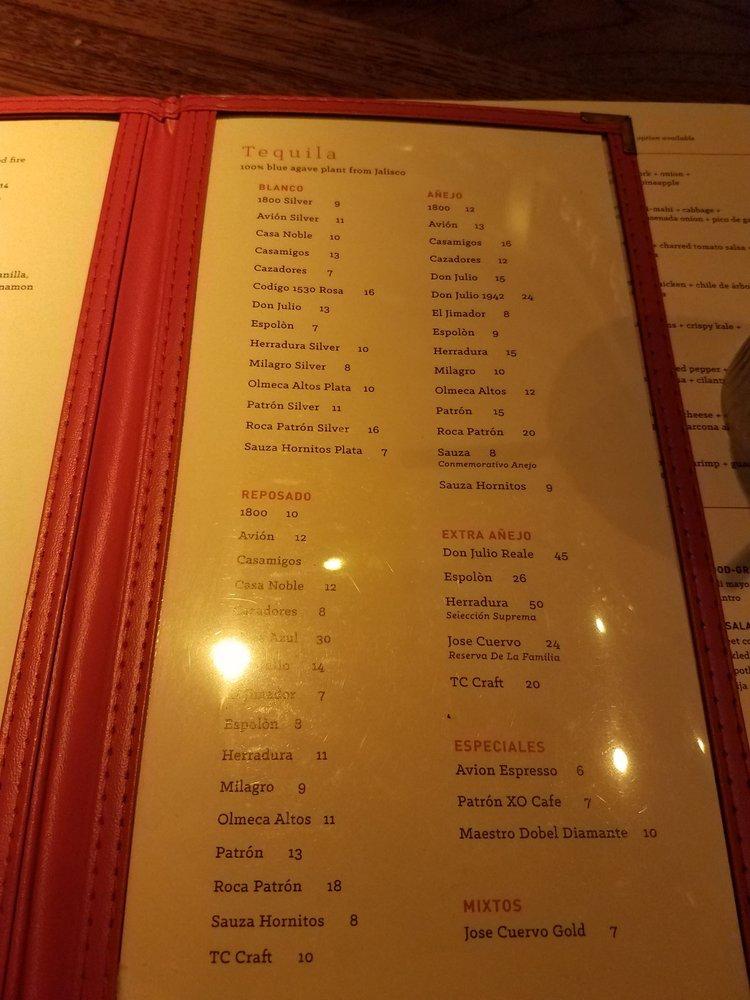 Menu at Nada restaurant, Nashville