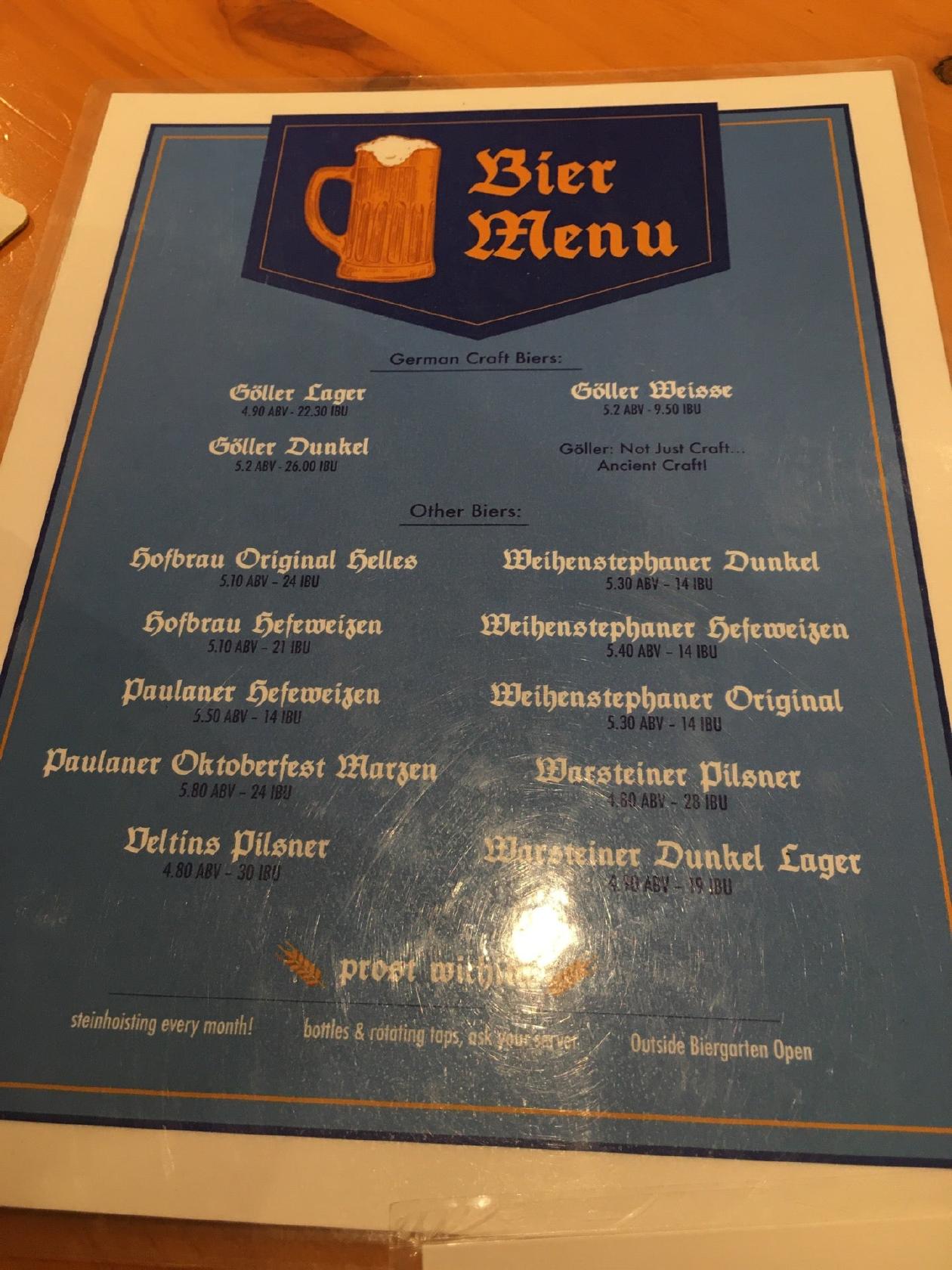 Menu at Prost restaurant, Wichita