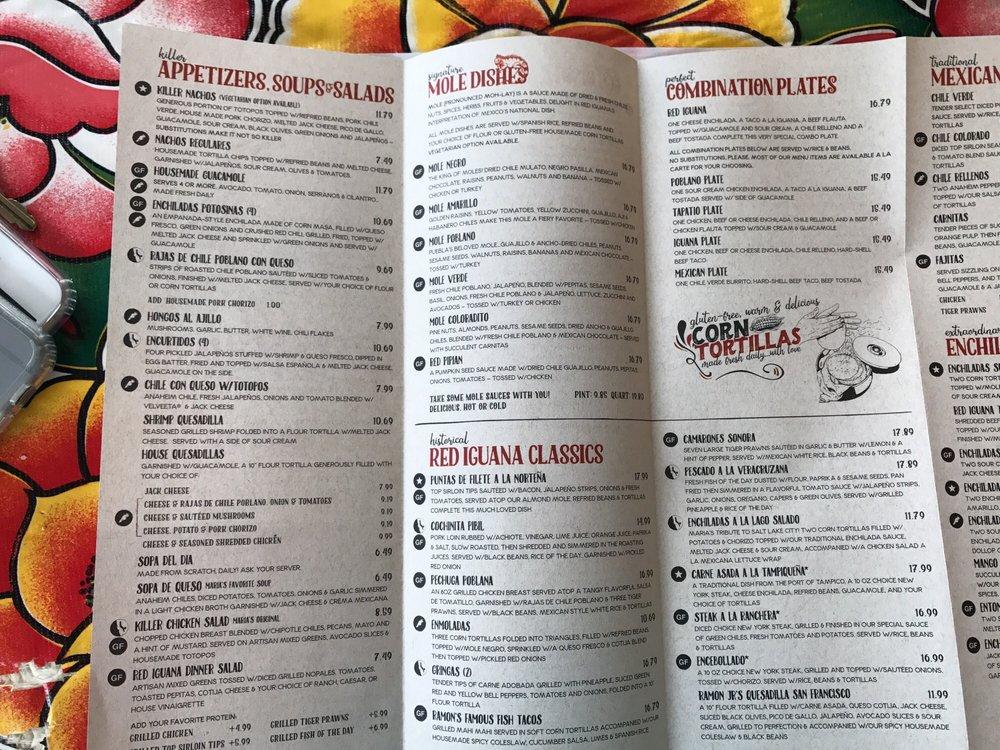 Menu at Red Iguana restaurant, Salt Lake City, 736 W North Temple St