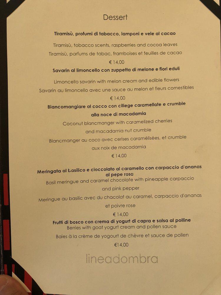 Menu at Ristorante Lineadombra, Venice, Dorsoduro