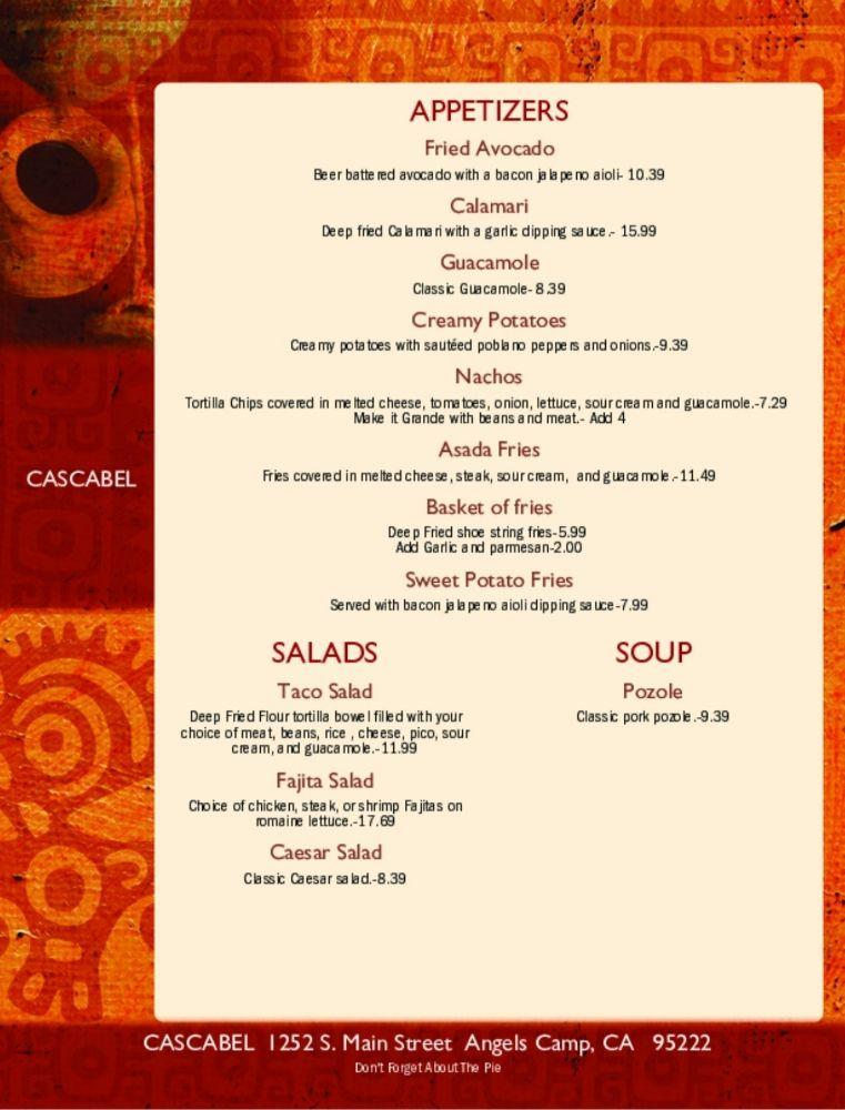 Menu at Cascabel Restaurant, Angels Camp