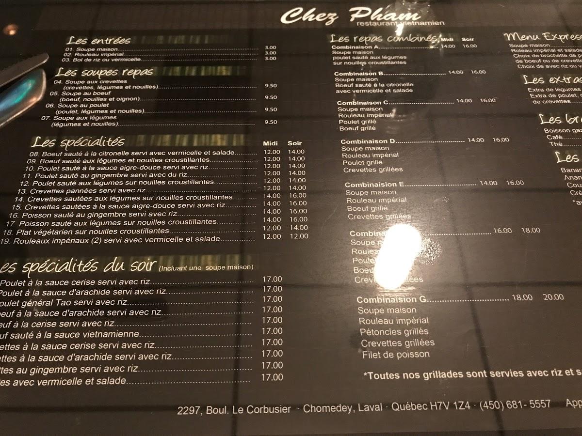 Menu au Chez Pham restaurant, Laval