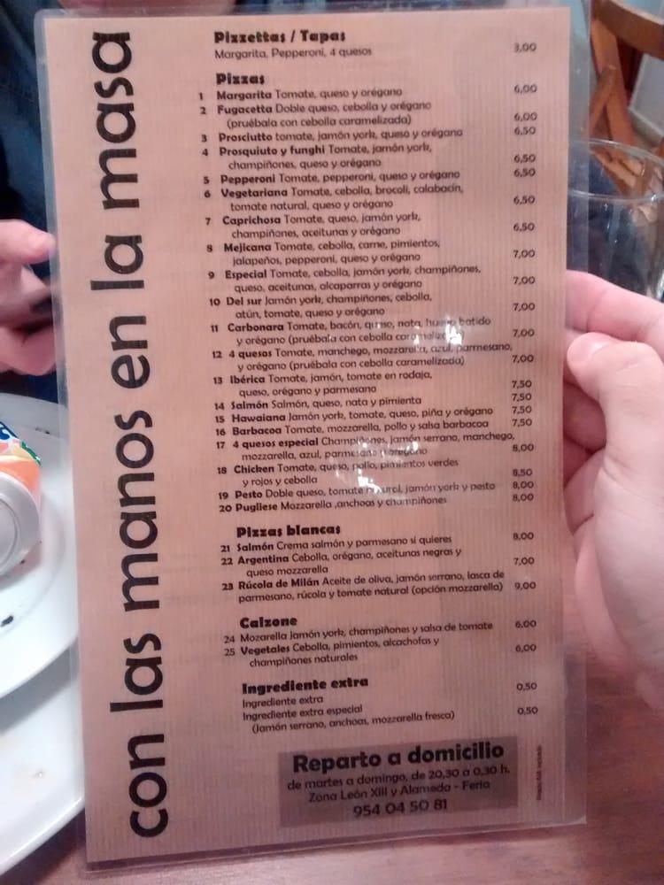 Menu at Con las manos en la masa pizzeria, Seville