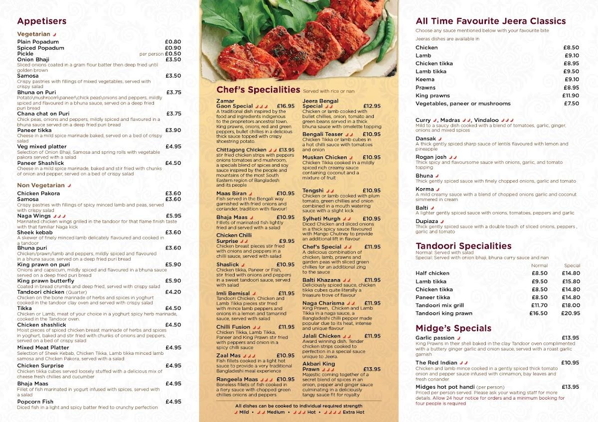 Carta de Jeera Restaurant, Crich