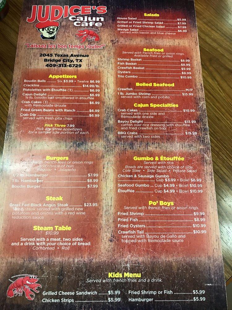 Menu at Judice's Cajun Cafe, Bridge City