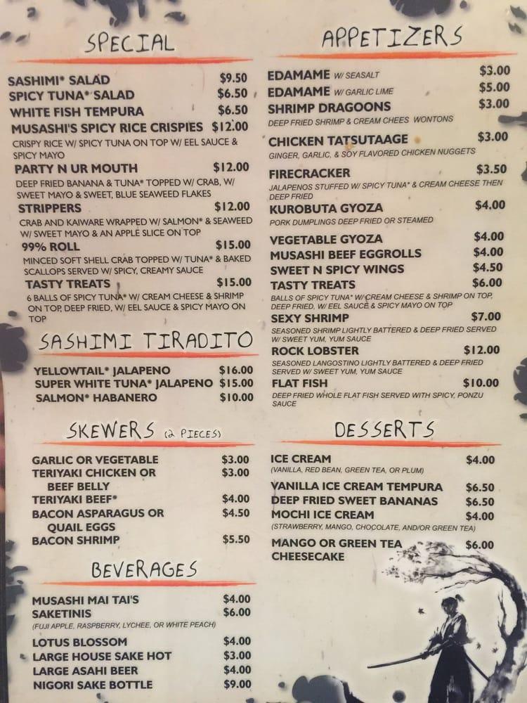 Menu at Musashi Japanese Steakhouse, Las Vegas