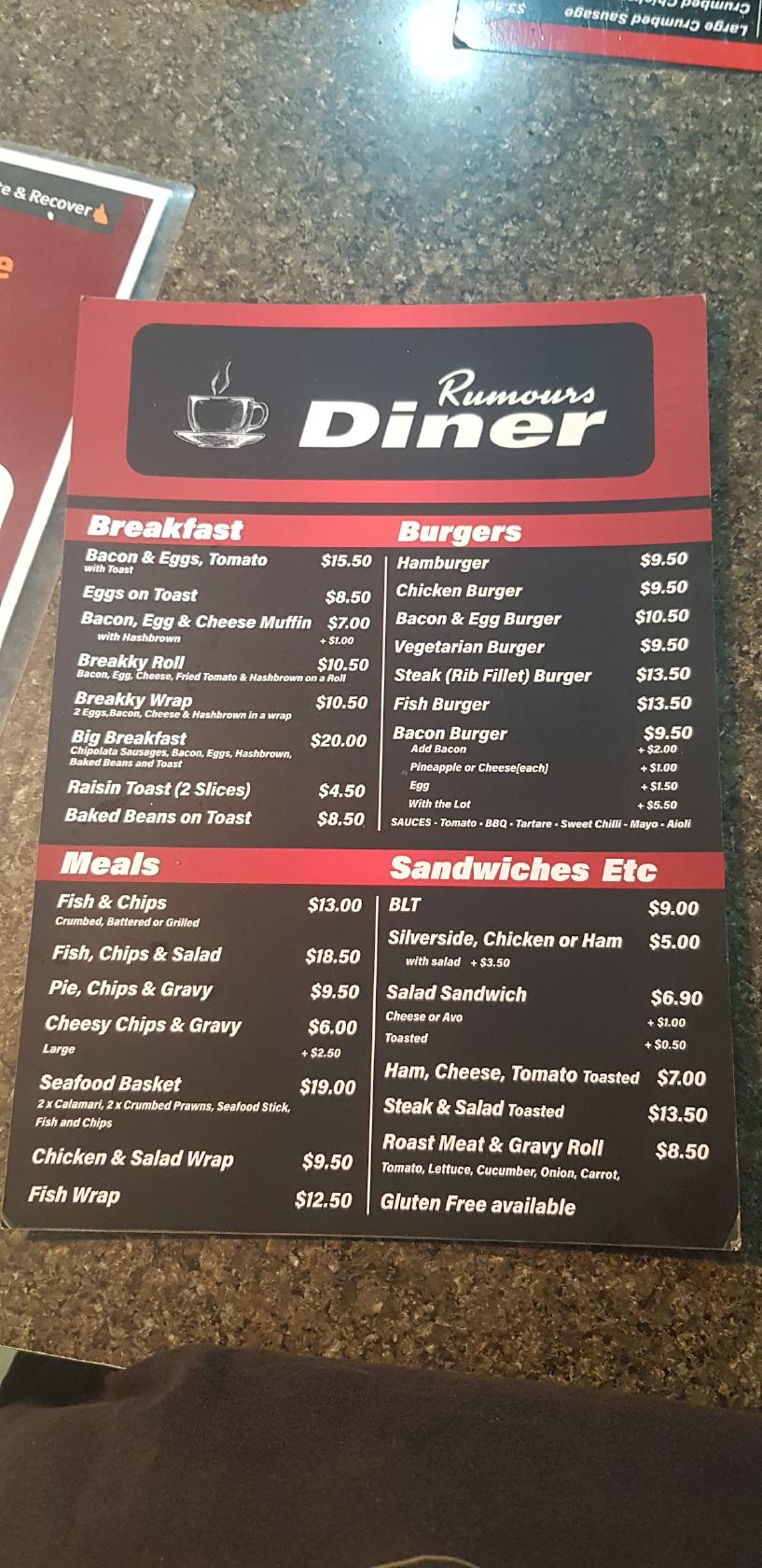 Menu at Rumours Diner cafe, Millaa Millaa